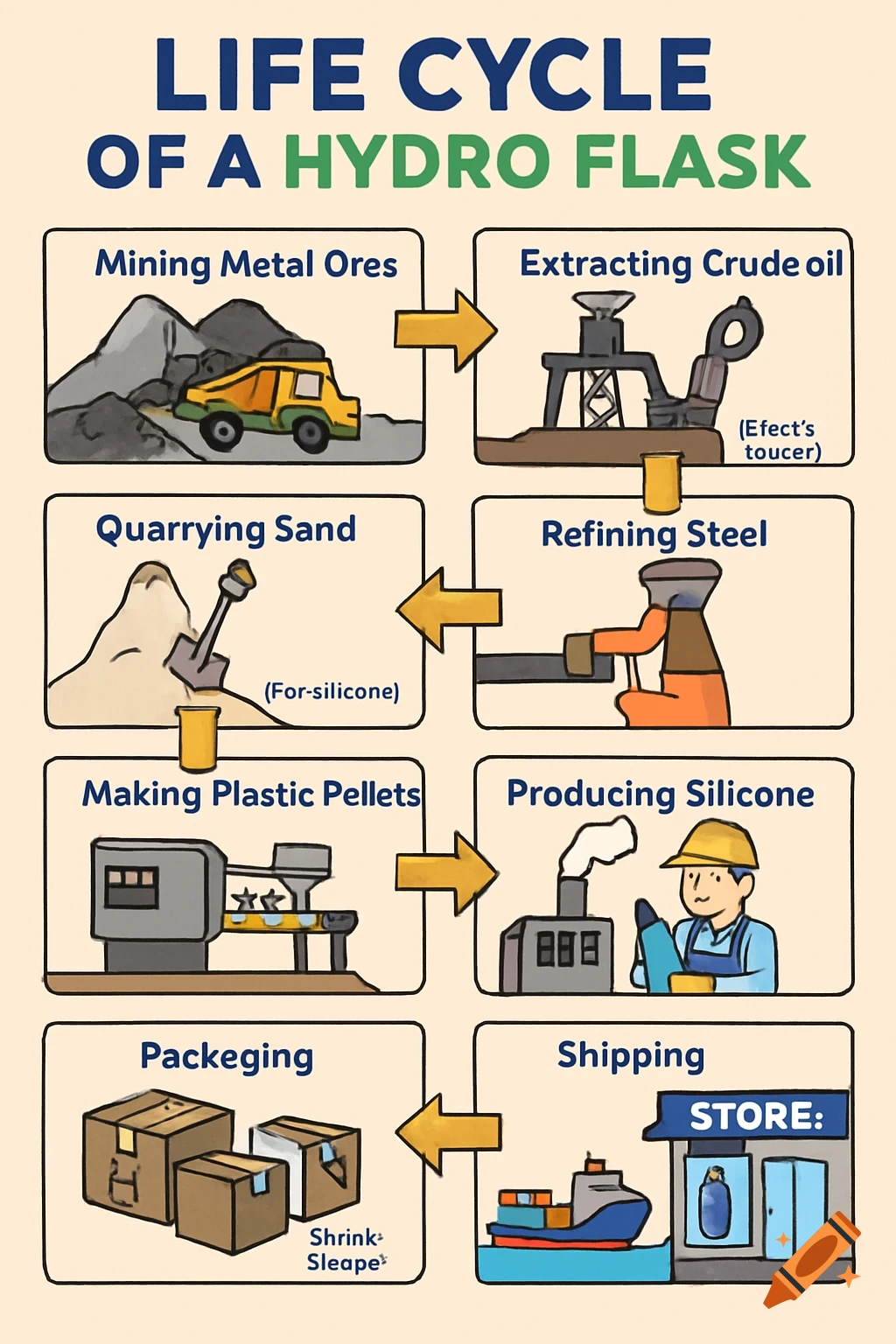 Cartoon flowchart illustrating the life cycle of a hydro flask from raw ...