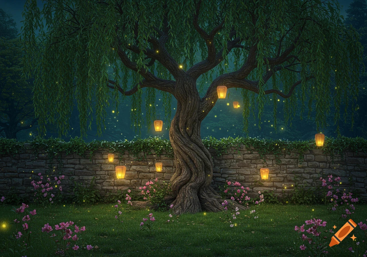A gnarled willow tree with hanging lanterns and fireflies in a magical ...
