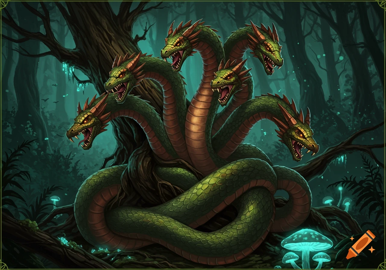 A multi-headed green hydra in a dark forest with glowing mushrooms ...
