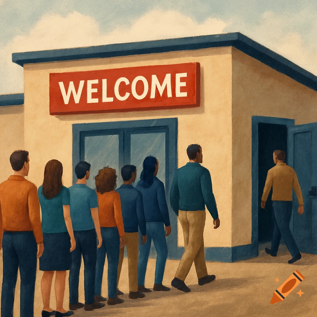 Illustration of a line of people entering a building with a 'WELCOME ...