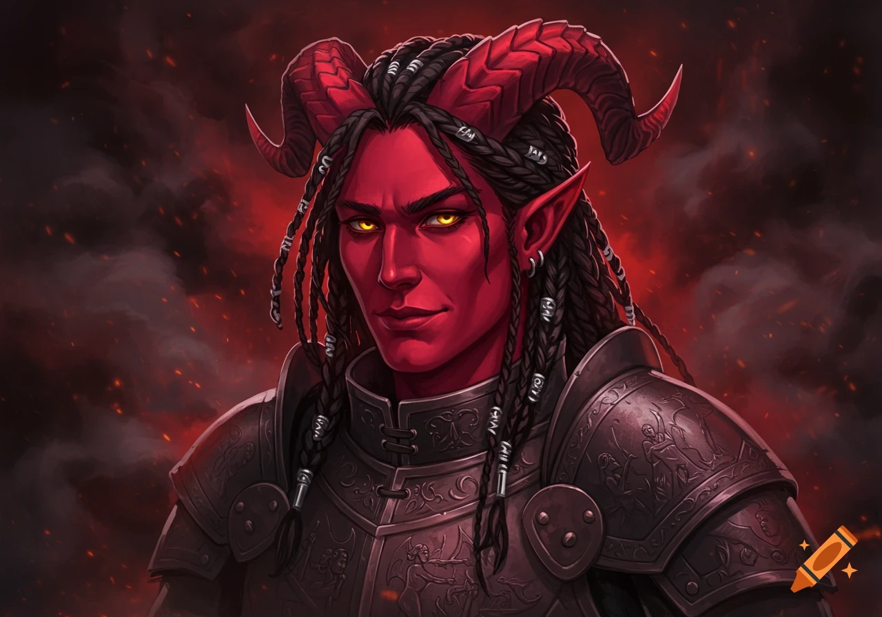 Portrait of a red-skinned tiefling character with horns, braids, and armor in a smoky background ...