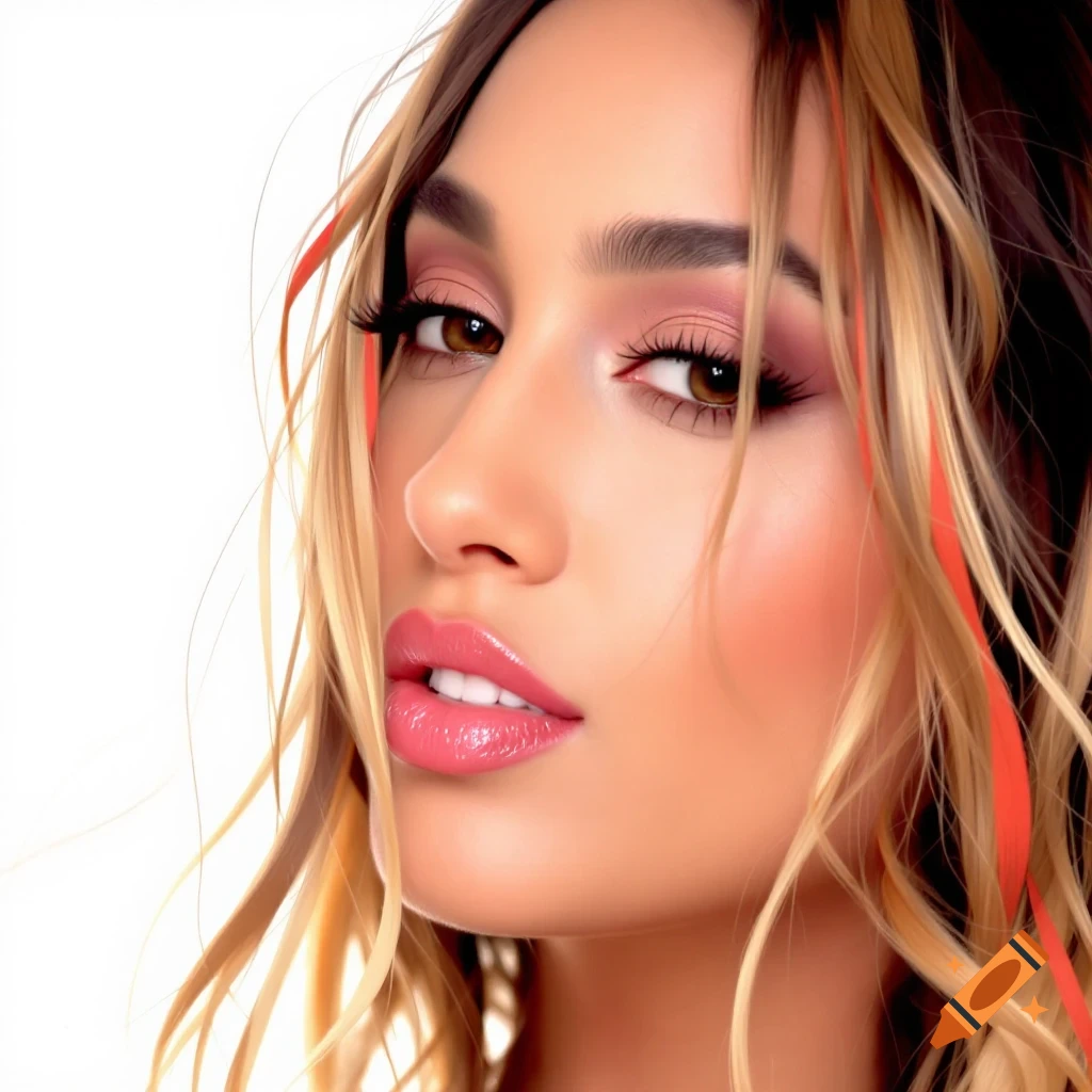 Close-up portrait of a woman's face with dramatic makeup and wavy hair ...