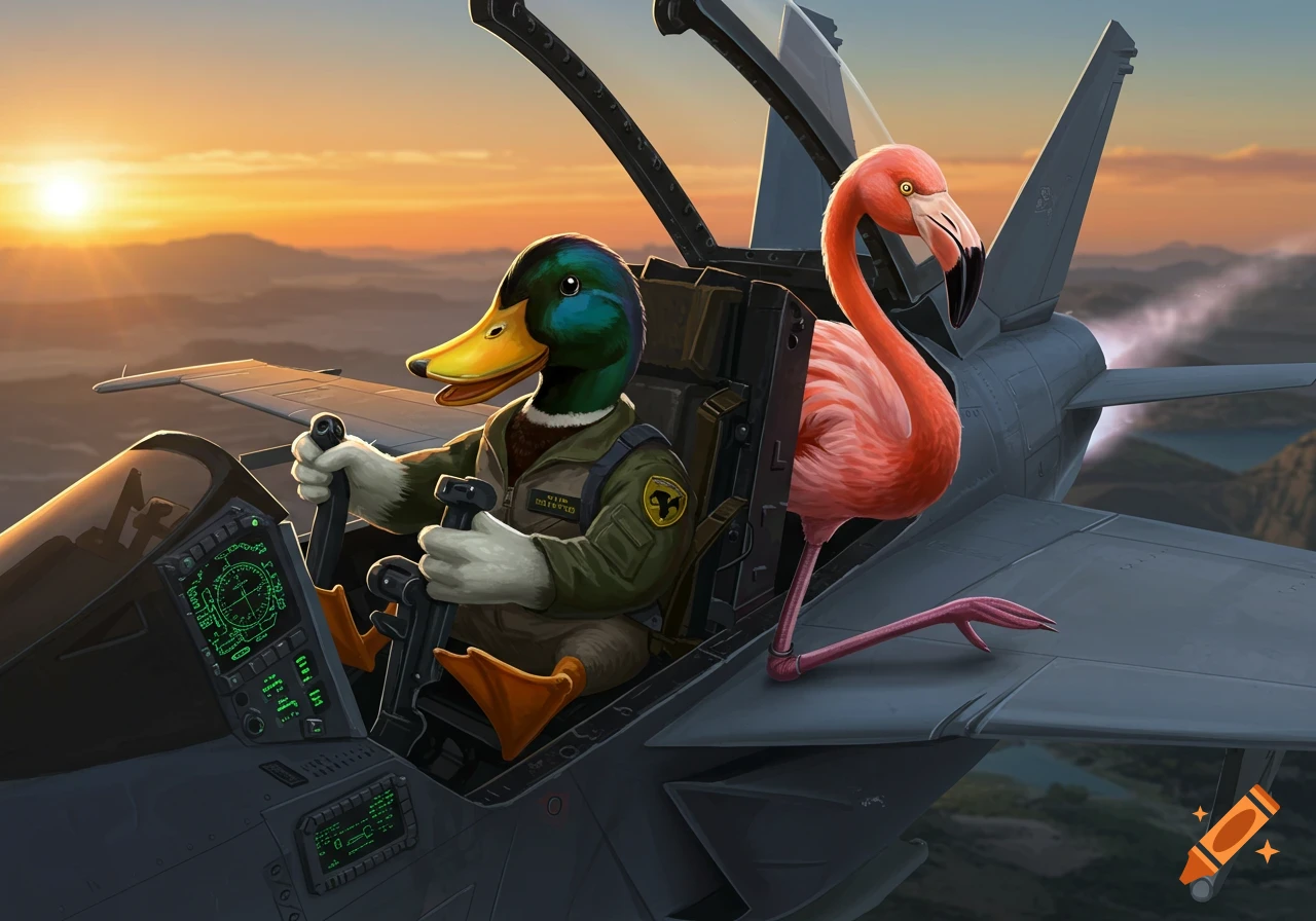 A duck piloting a fighter jet with a flamingo in the back seat, flying ...