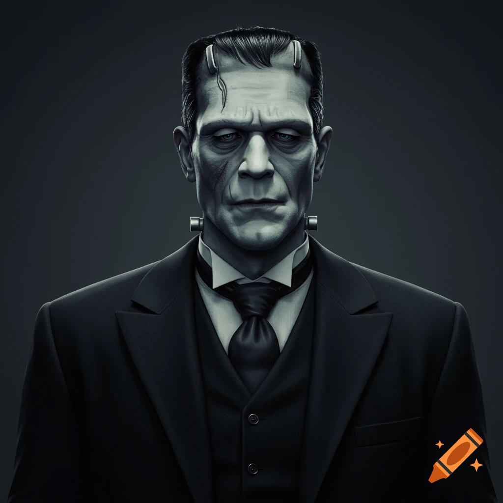 Close-up photorealistic portrait of Frankenstein's monster wearing a ...