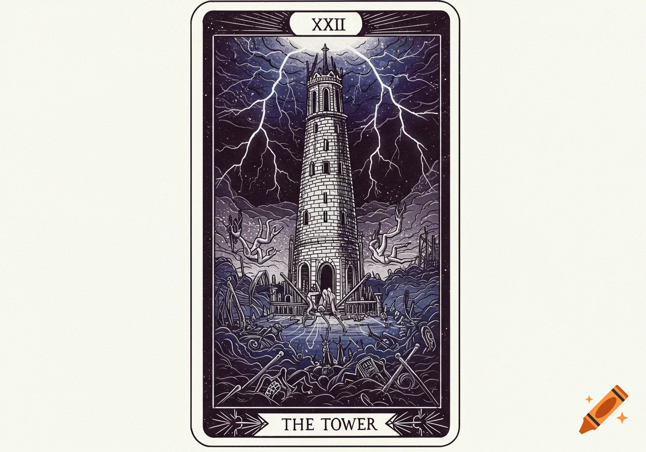 A stylized tarot card illustration depicting a tall tower struck by ...