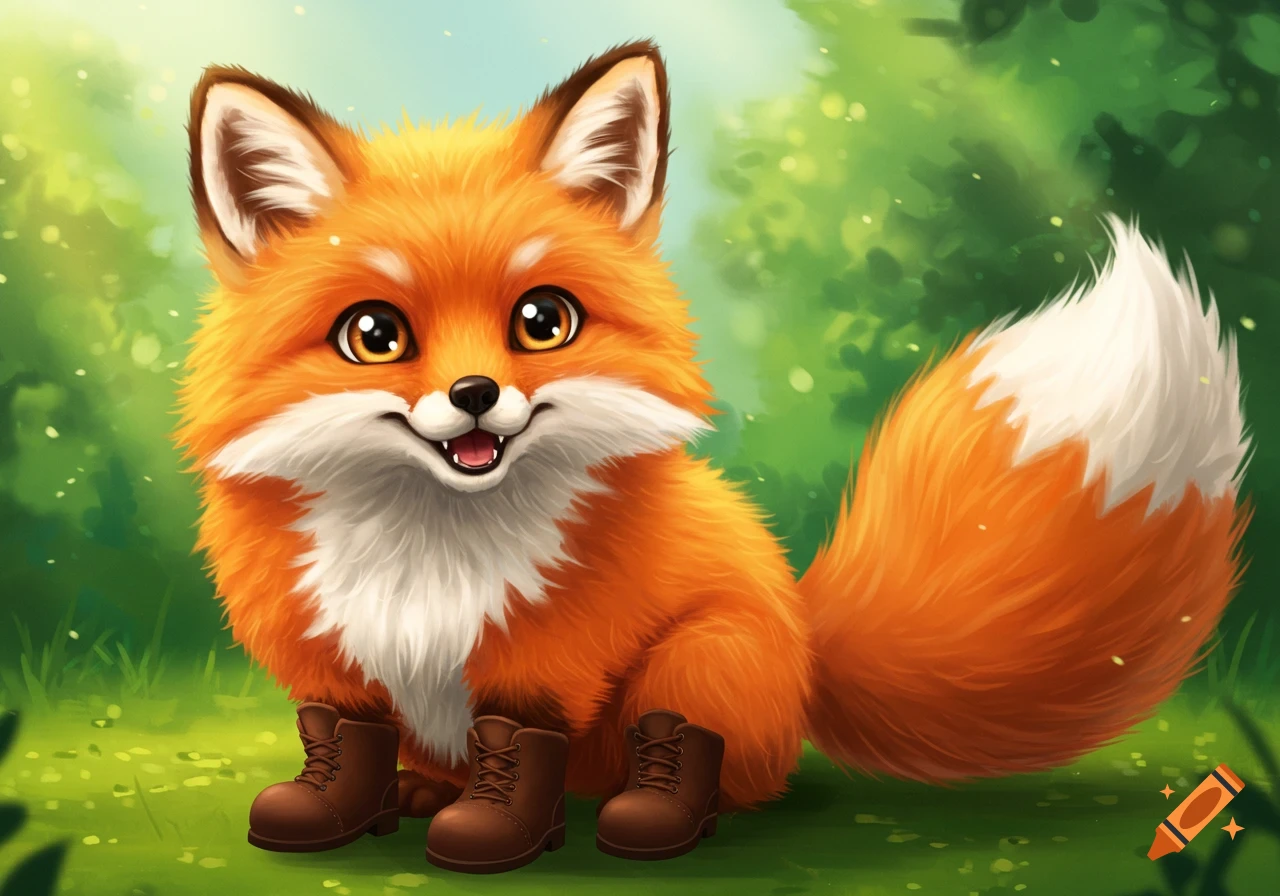 A cute cartoon fox sits in a forest clearing wearing brown boots. on ...