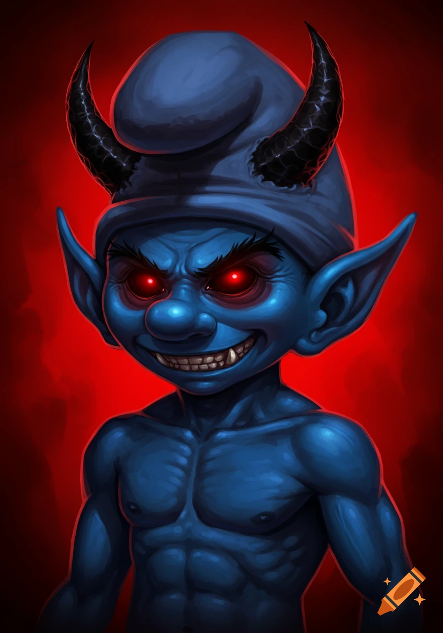 Illustration of a muscular blue demon creature with horns, red eyes ...