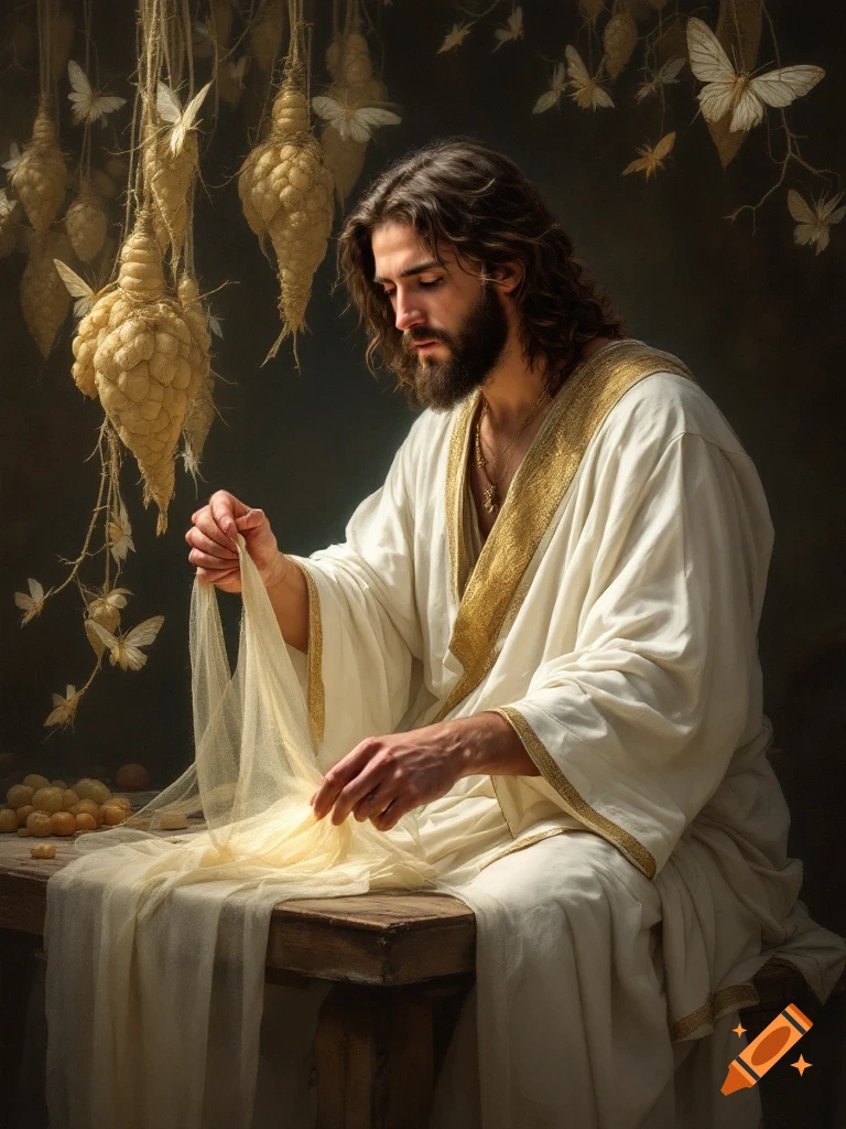 Painting of Jesus sitting, stretching sheer fabric, surrounded by moths ...