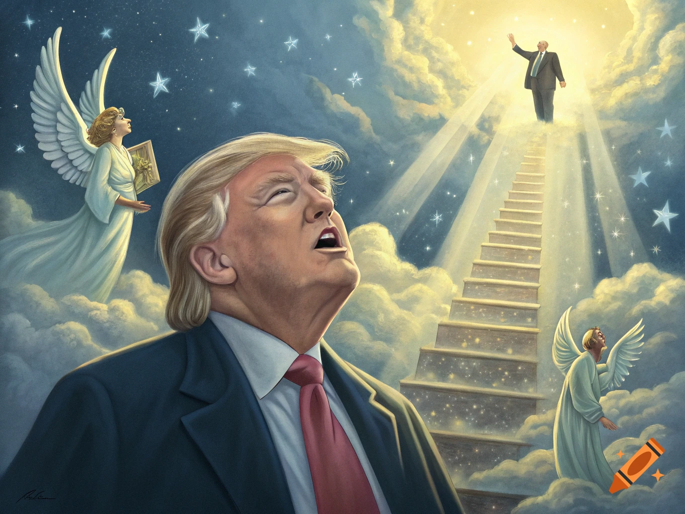 Painting of Donald Trump looking upwards, ascending a staircase to ...