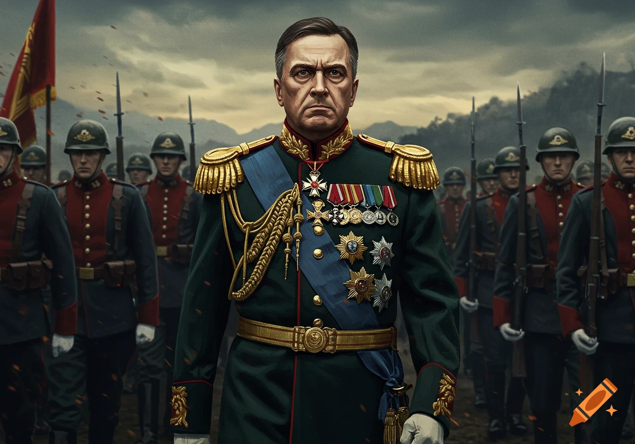 A military general in an ornate uniform stands before marching soldiers ...