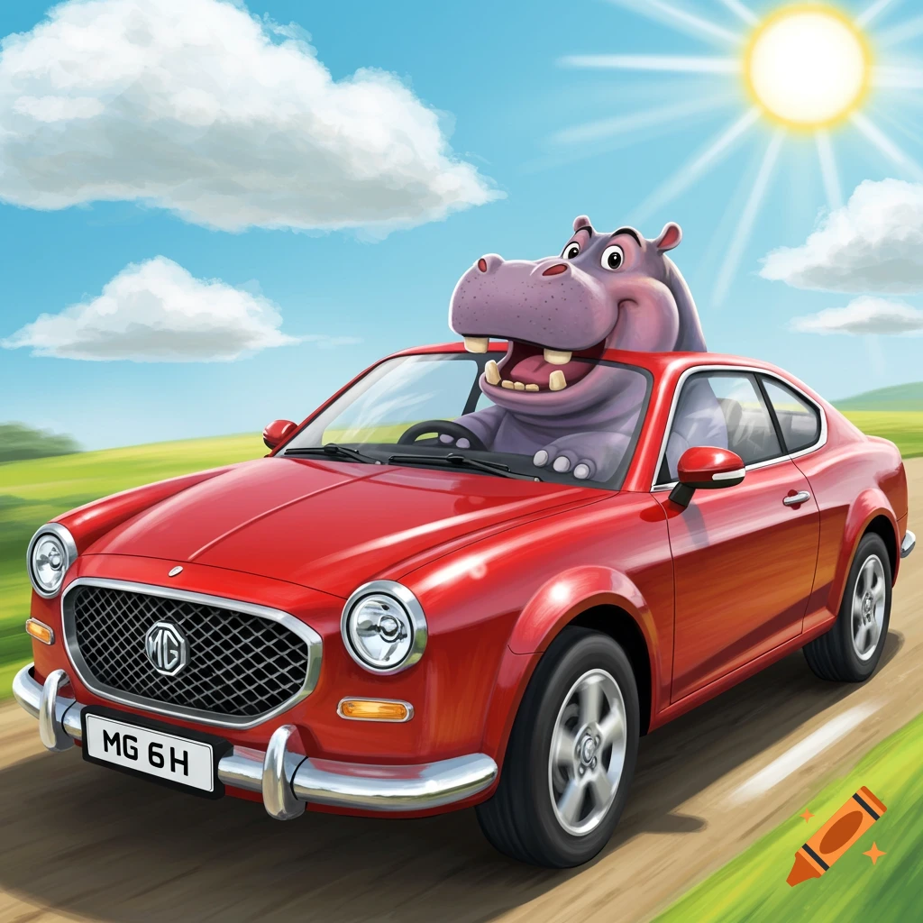 Cartoon hippo drives a red car on a sunny day. on Craiyon