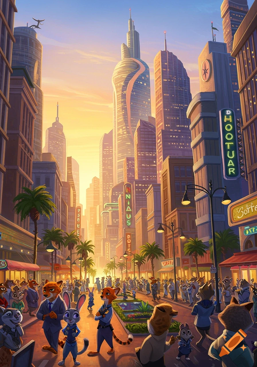 Anthropomorphic animal characters from Zootopia on a busy futuristic ...