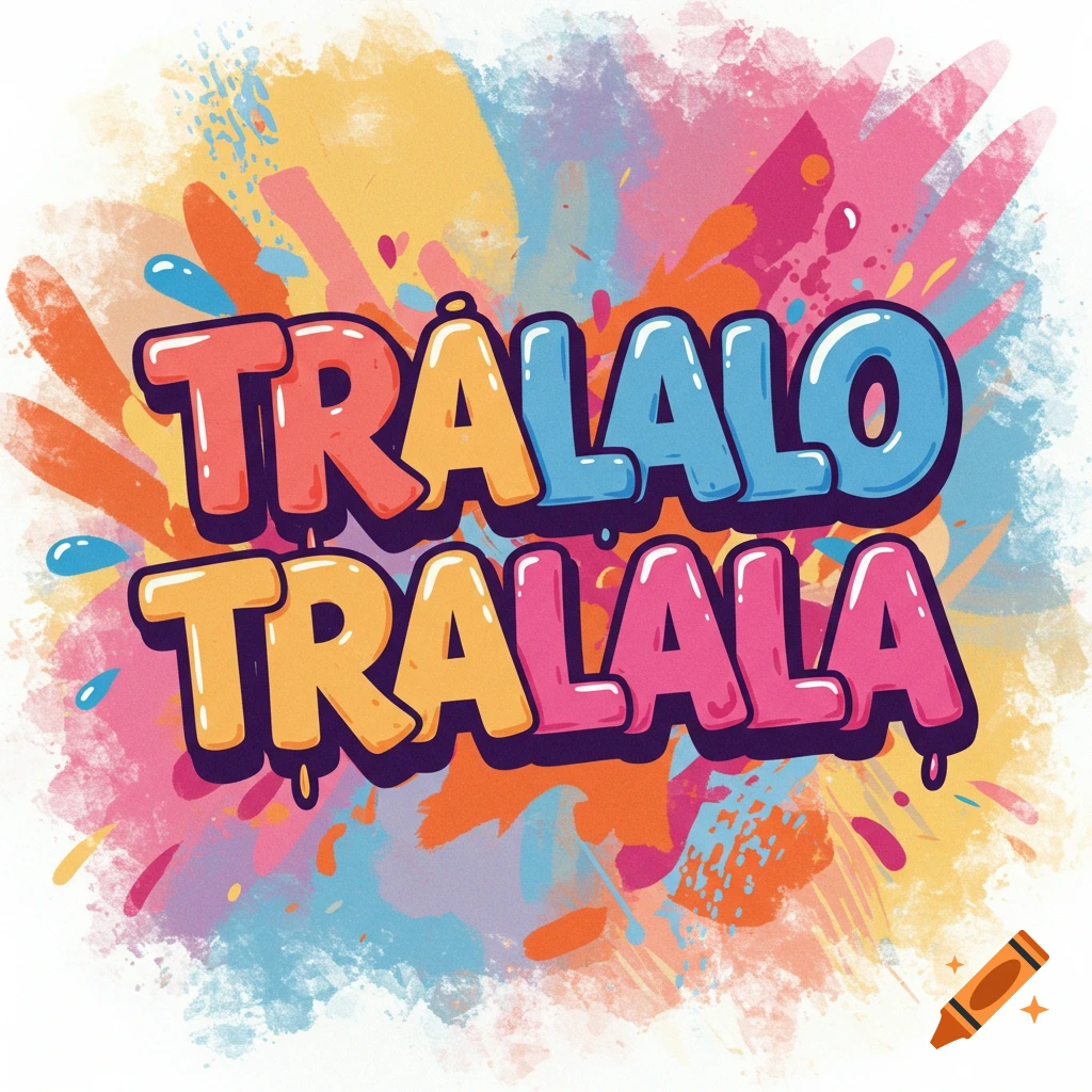 Colorful block letters 'TRALALO TRALALA' on a vibrant abstract paint splash background on Craiyon