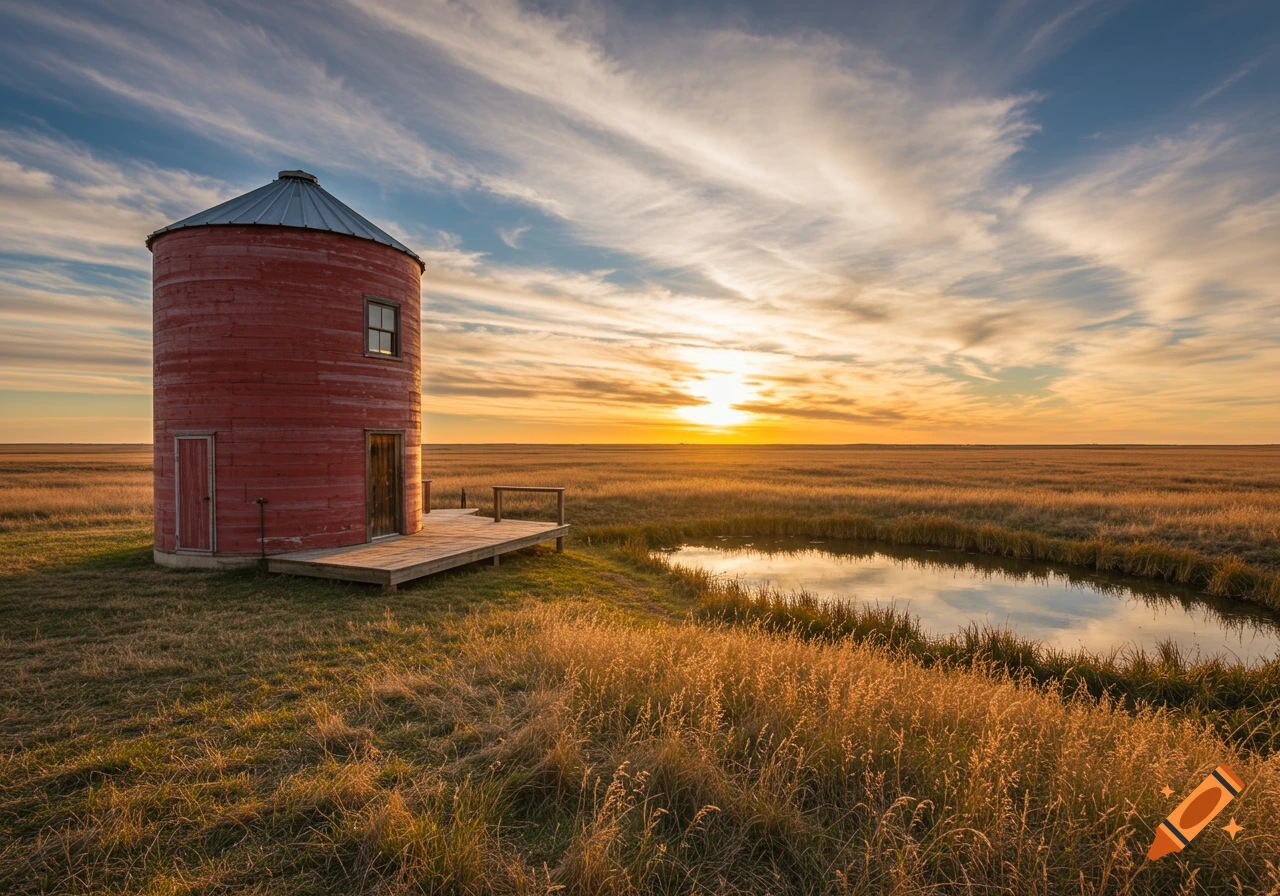 Red grain bin cabin with a deck on a prairie next to a pond at sunset ...