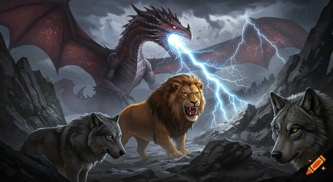 A red dragon shoots lightning at a roaring lion as two wolves watch in ...