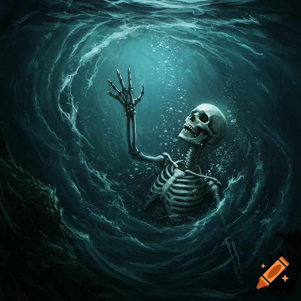 A skeleton drowning in dark, swirling water, reaching a bony hand ...