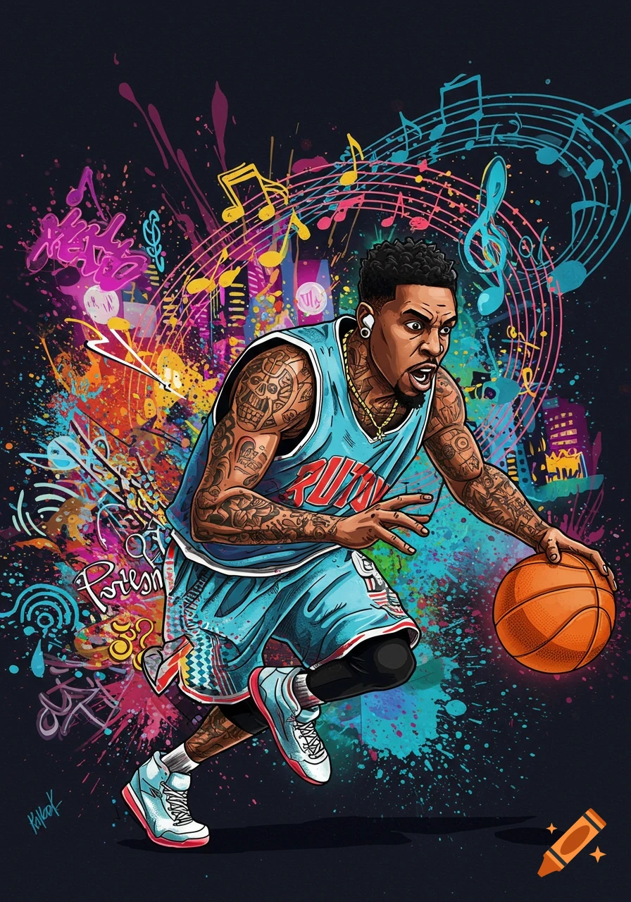 Stylized illustration of a man playing basketball surrounded by music ...