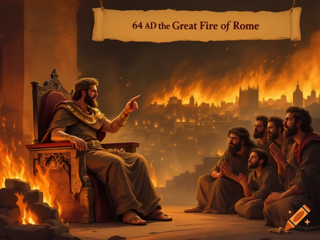 Figure on throne points at group of people while city burns in ...