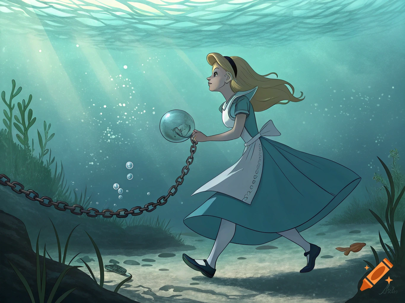 Alice walks underwater holding a ball and chain, illustration. on Craiyon