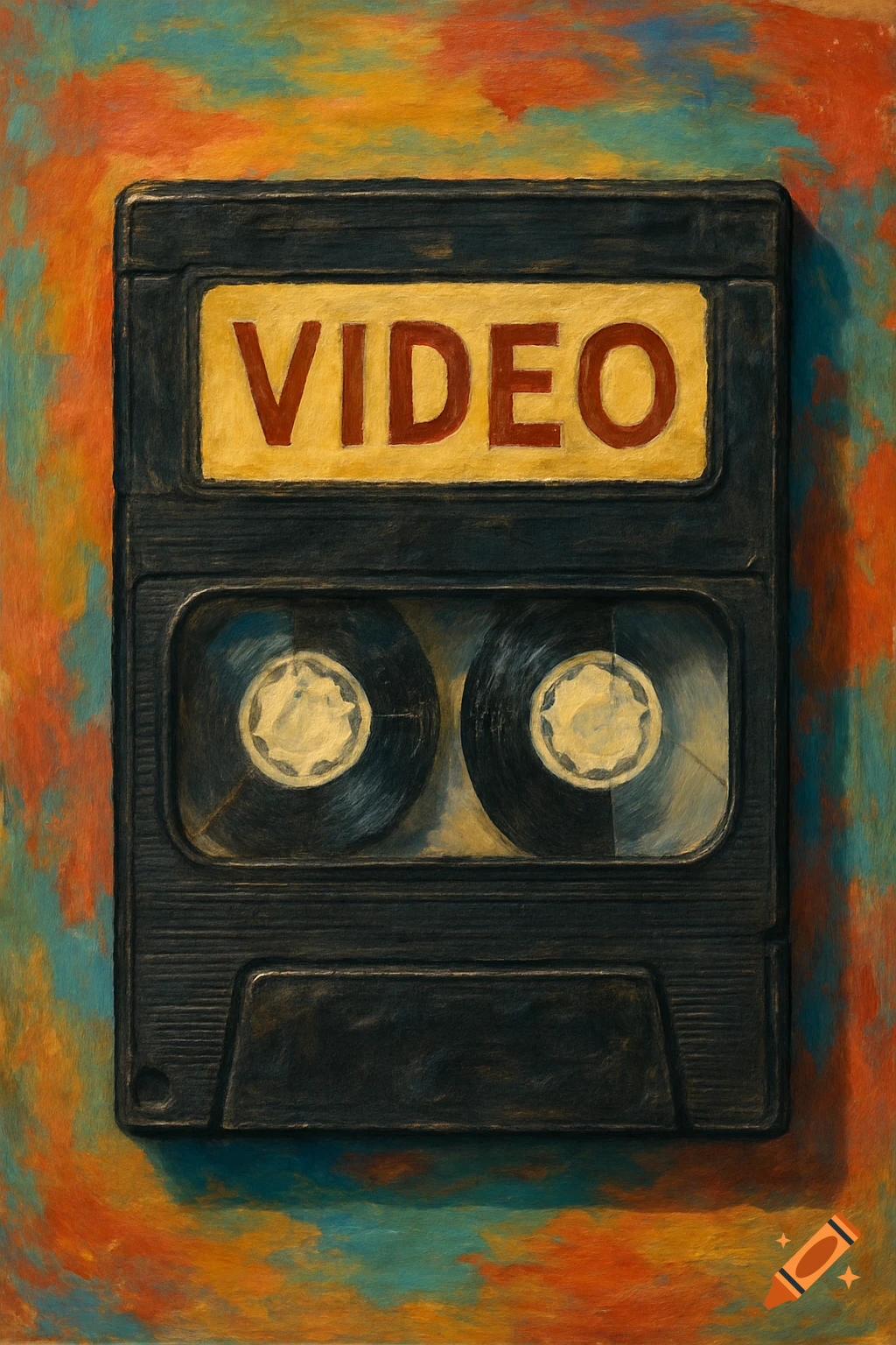 An oil painting of a black VHS tape with a yellow label saying 'VIDEO ...