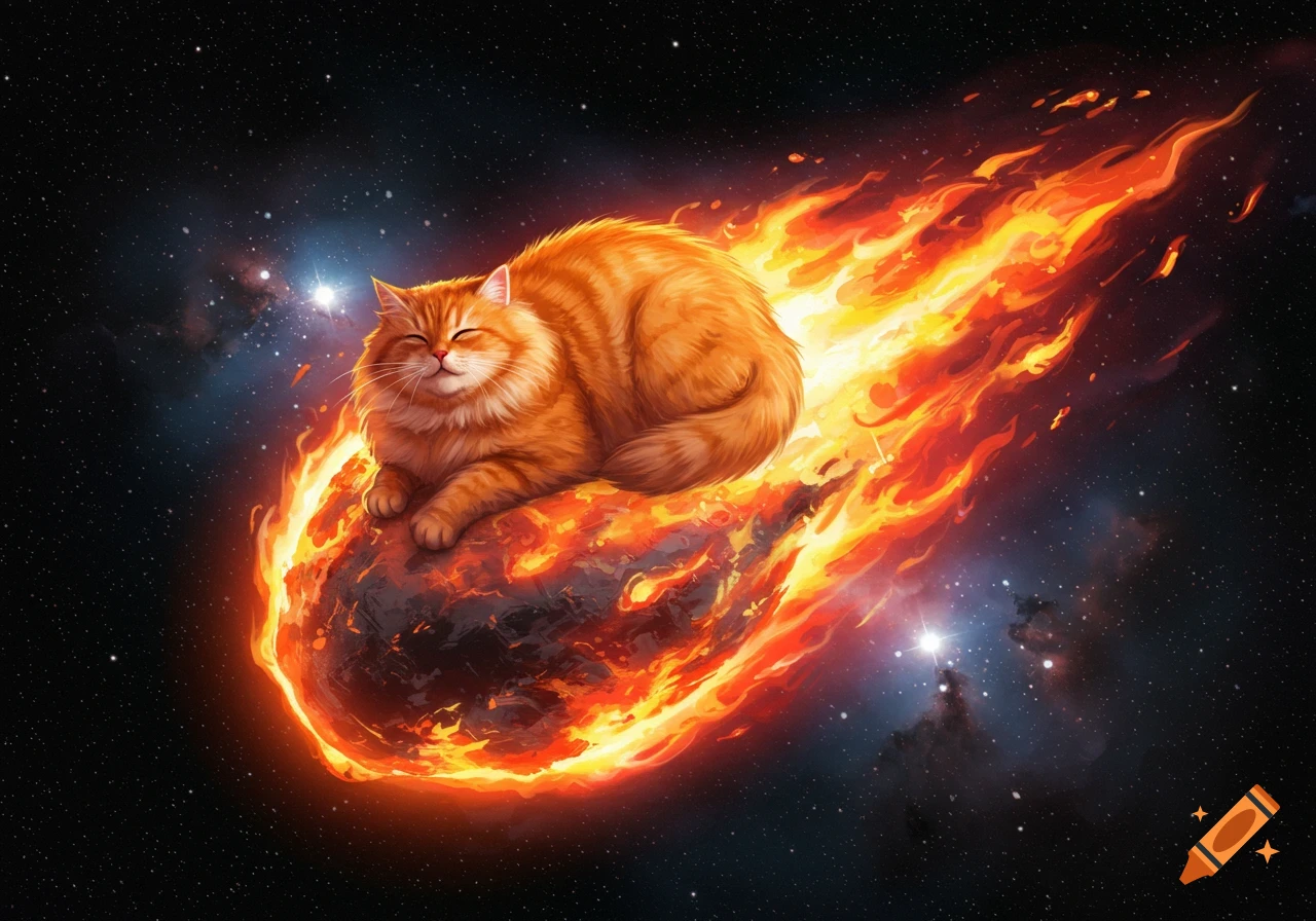 An orange cat lies on a fiery meteor flying through space. on Craiyon