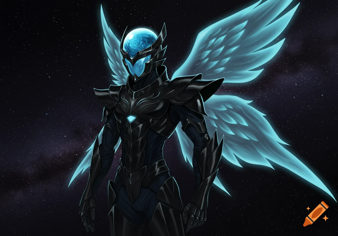 Anime concept art of a character in sleek black armor with a blue orb ...