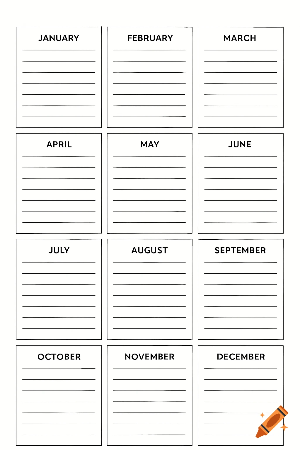 A grid of 12 blank monthly calendar templates, each with a month name ...
