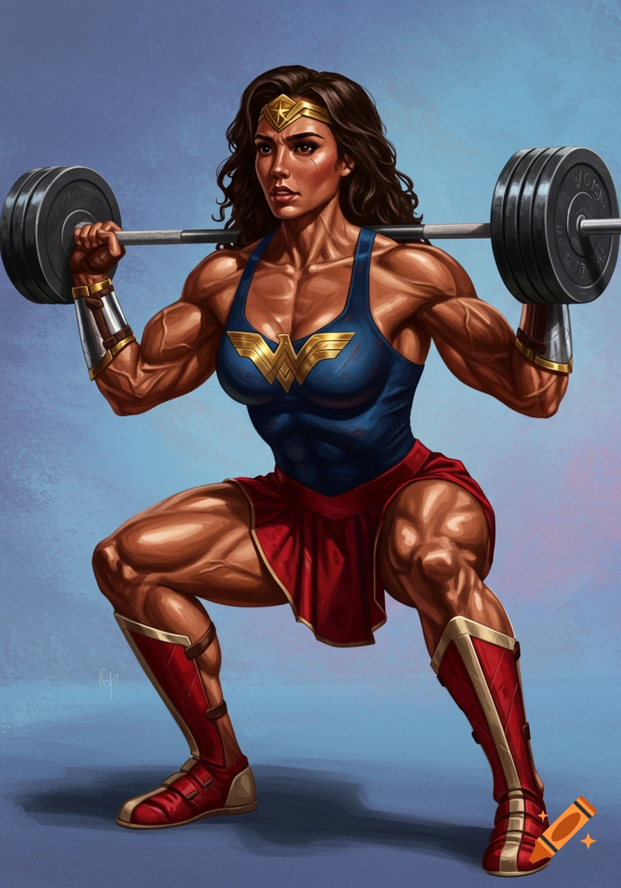 Muscular Wonder Woman squats with a barbell on Craiyon