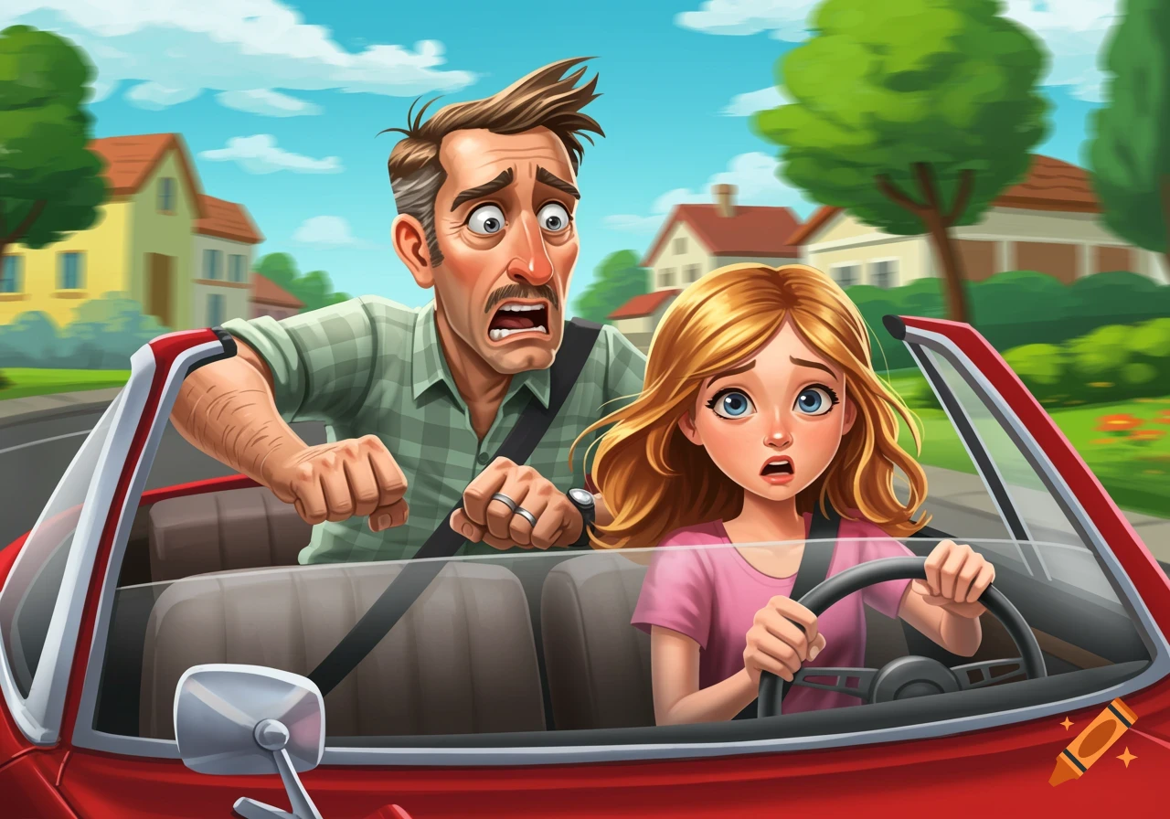 Cartoon illustration of a scared dad with his panicked daughter ...