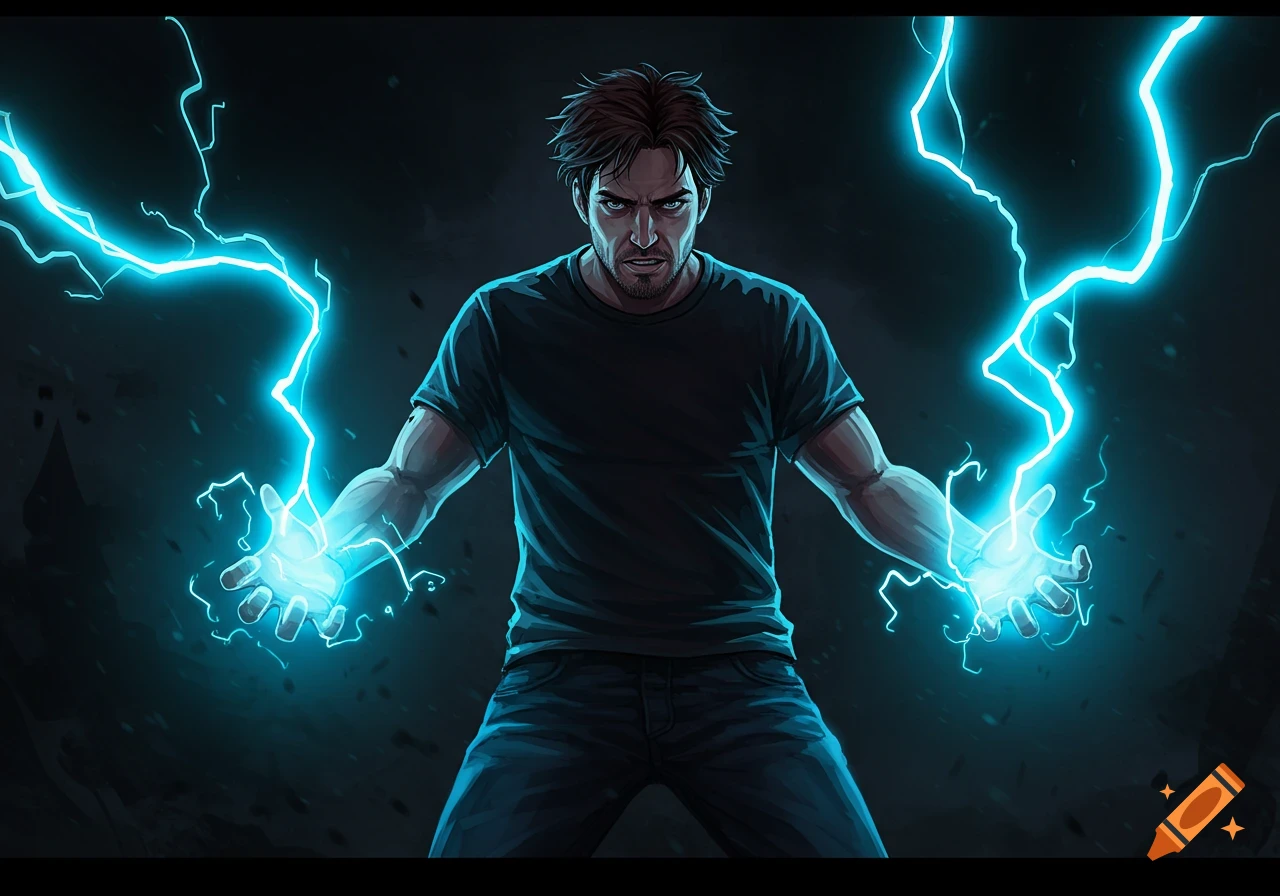 Illustration of a man shooting blue lightning from his hands on Craiyon