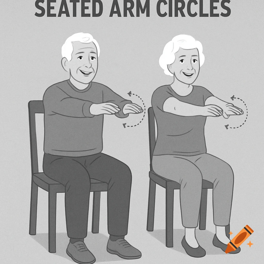 Illustration of two seniors seated doing arm circles on Craiyon