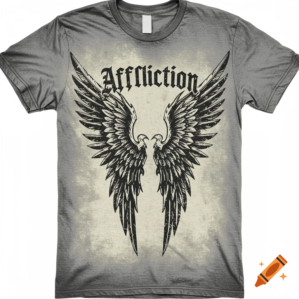 Grey t-shirt with a distressed gothic wing design and the text ...