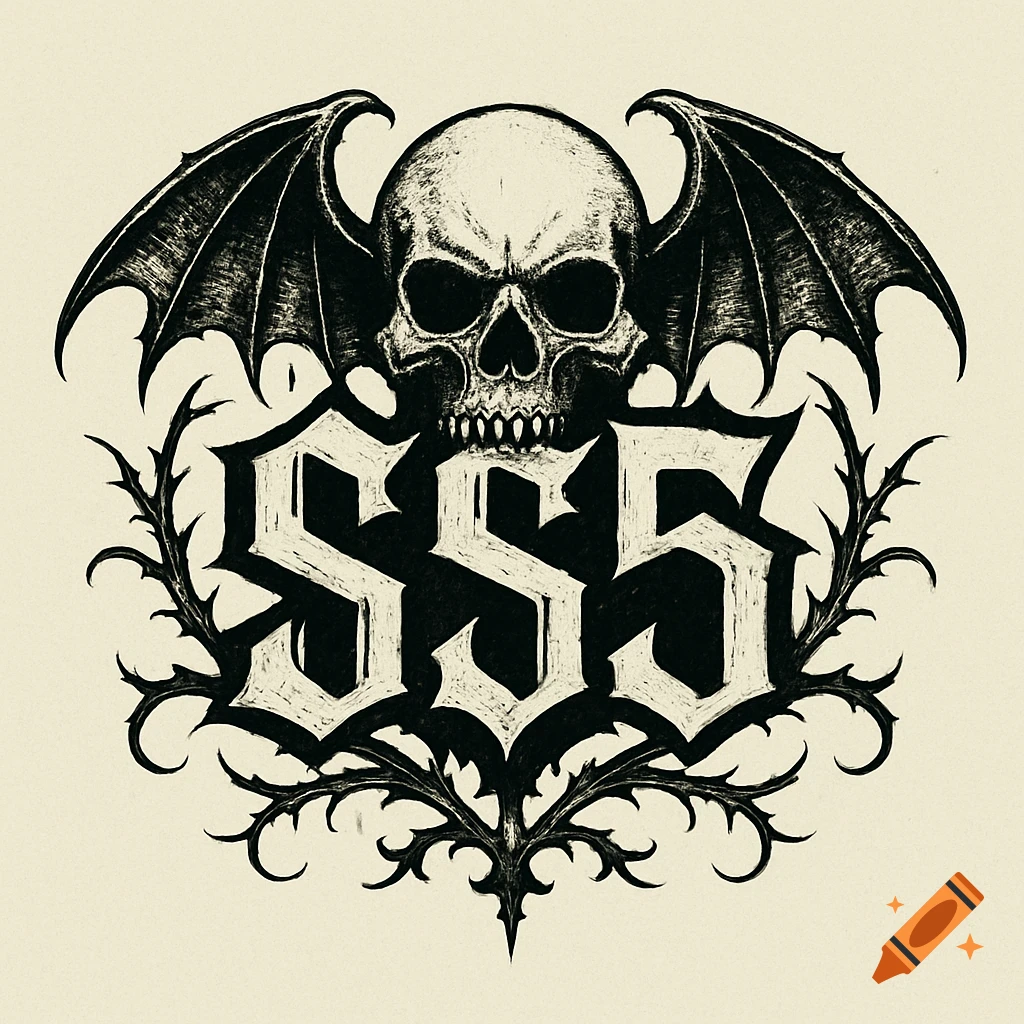 Gothic style logo featuring a skull with bat wings and thorny vines ...