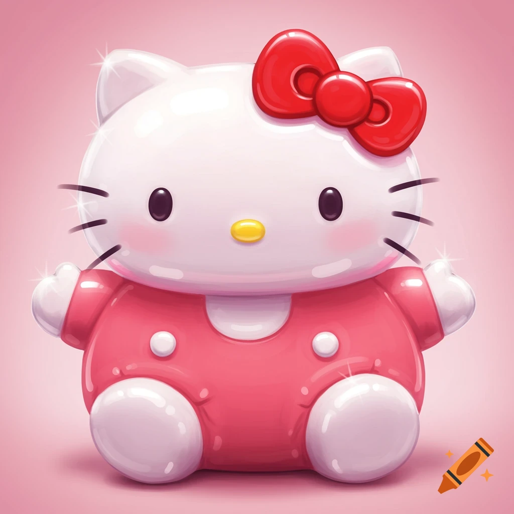 A shiny, squishy, stylized Hello Kitty character in a pink outfit on a ...