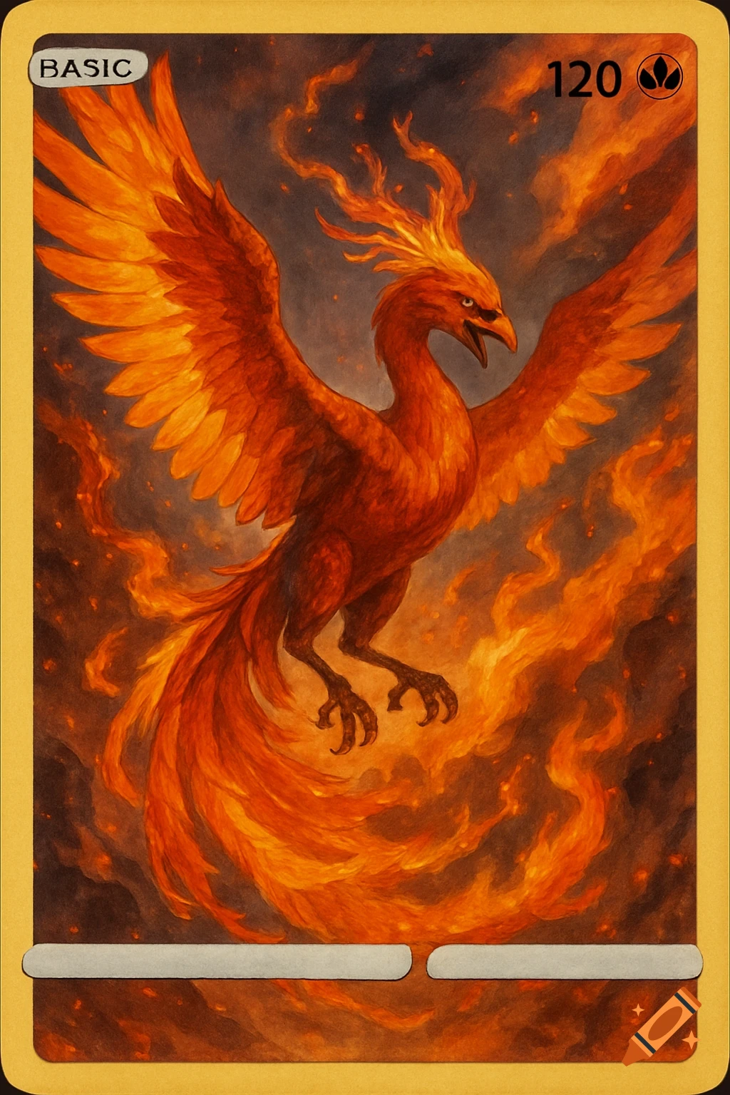 A full art style trading card featuring a fiery phoenix surrounded by ...