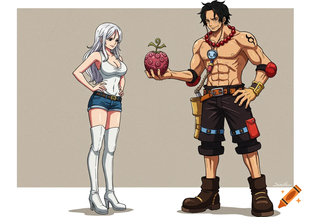 One Piece anime drawing of Ace giving a devil fruit to a white-haired ...