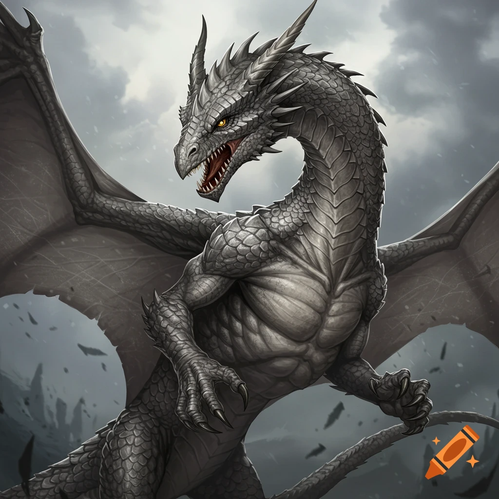Close up of a detailed grey dragon with scales and wings spread ...