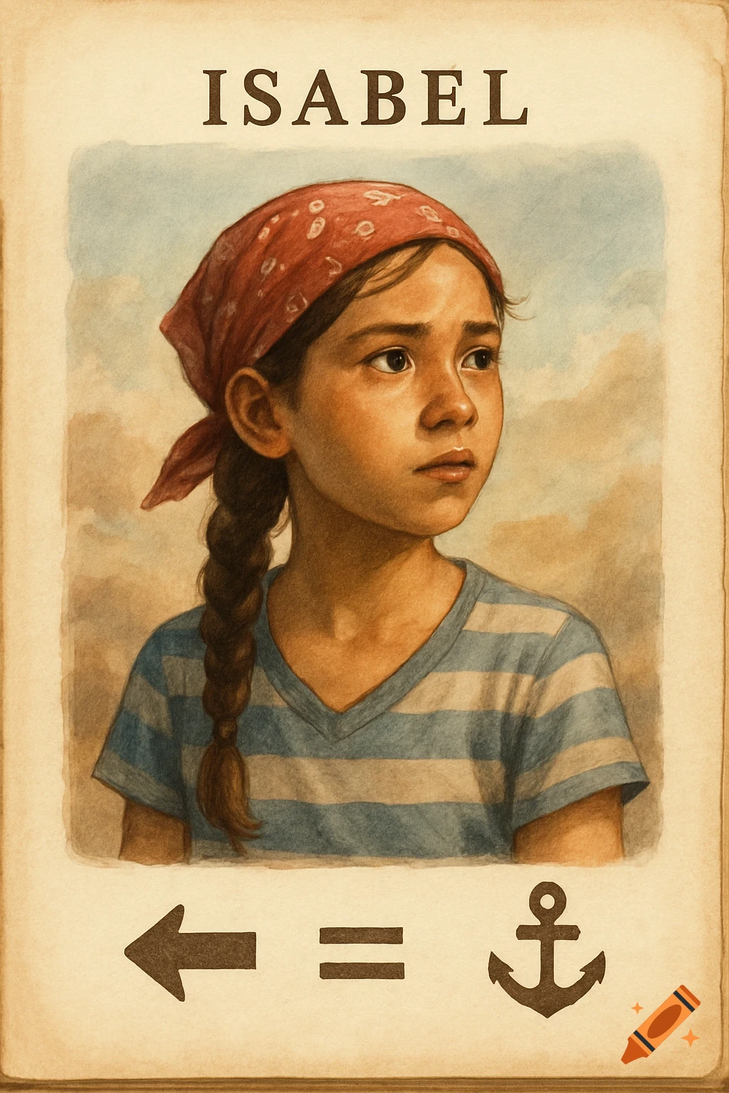Watercolor illustration of a young girl named Isabel wearing a red ...
