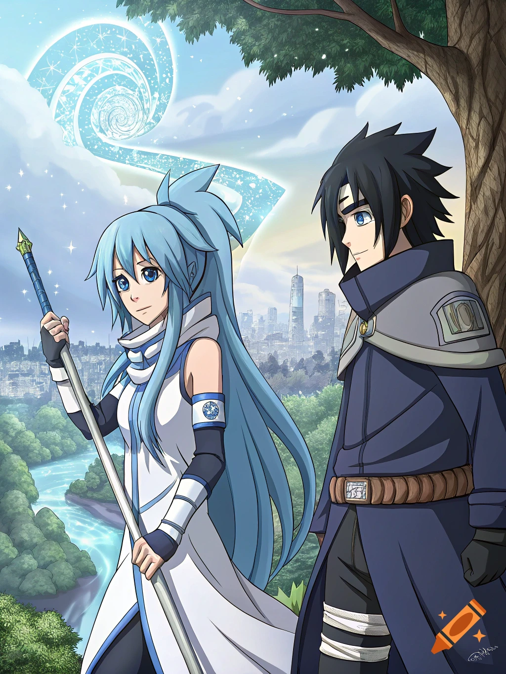 Two anime characters stand by a tree overlooking a city with a glowing ...