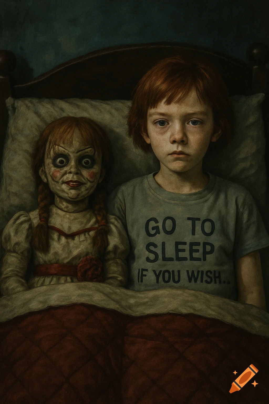A creepy doll and a child with red hair lie in a bed. The child wears a ...