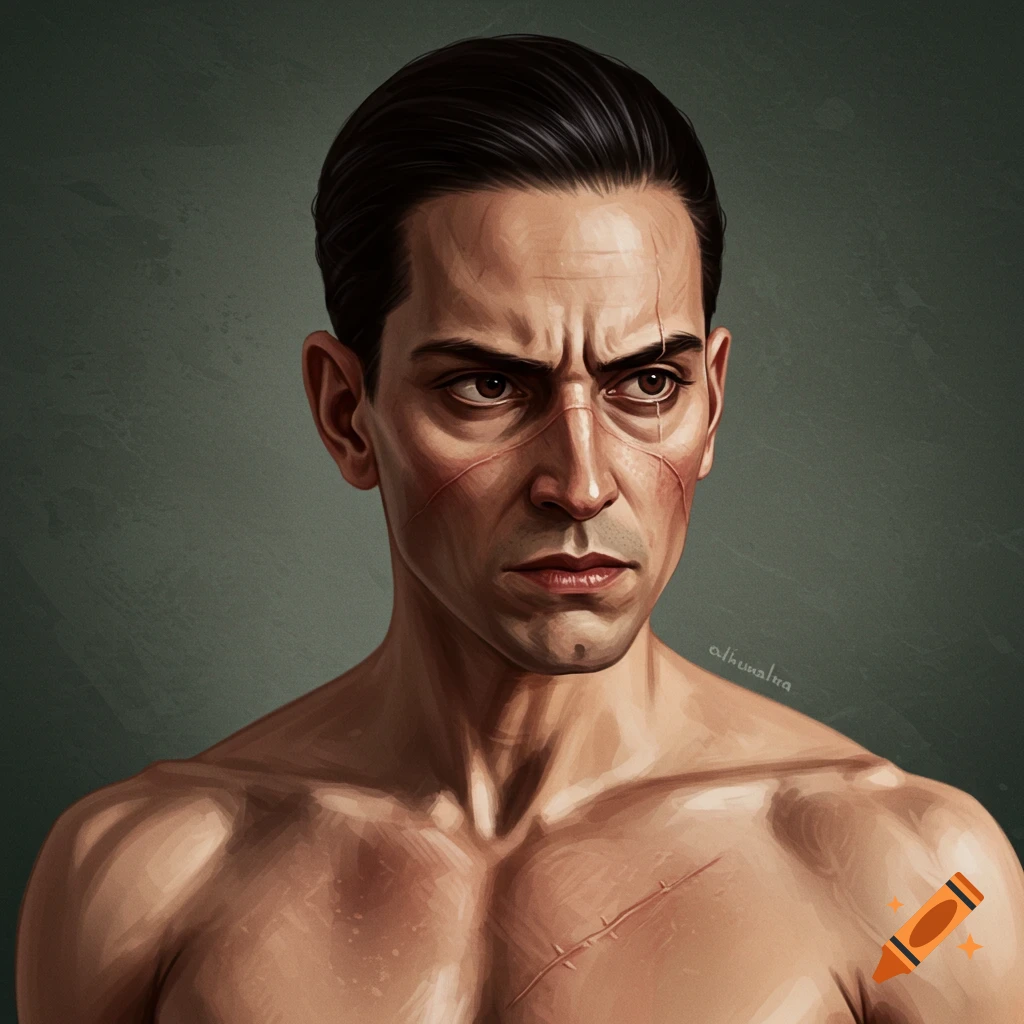Digital portrait of a stern man with scars and a muscular body. on Craiyon