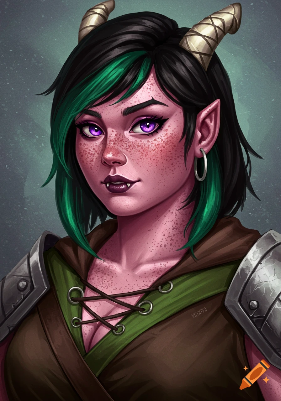 Fantasy portrait of a tiefling woman with pink skin, freckles, horns ...