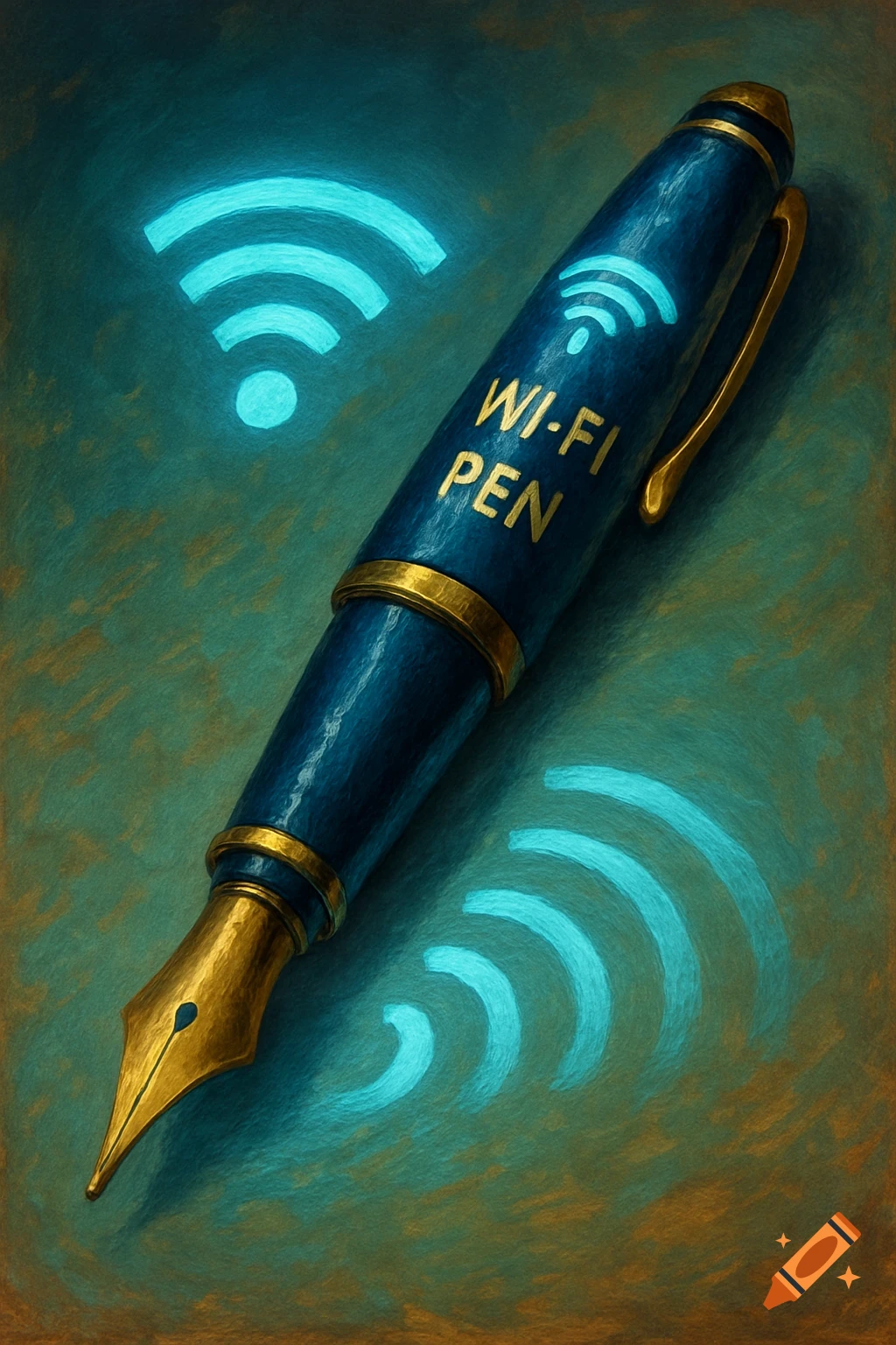 A blue and gold fountain pen with glowing WiFi symbols and the text WI ...