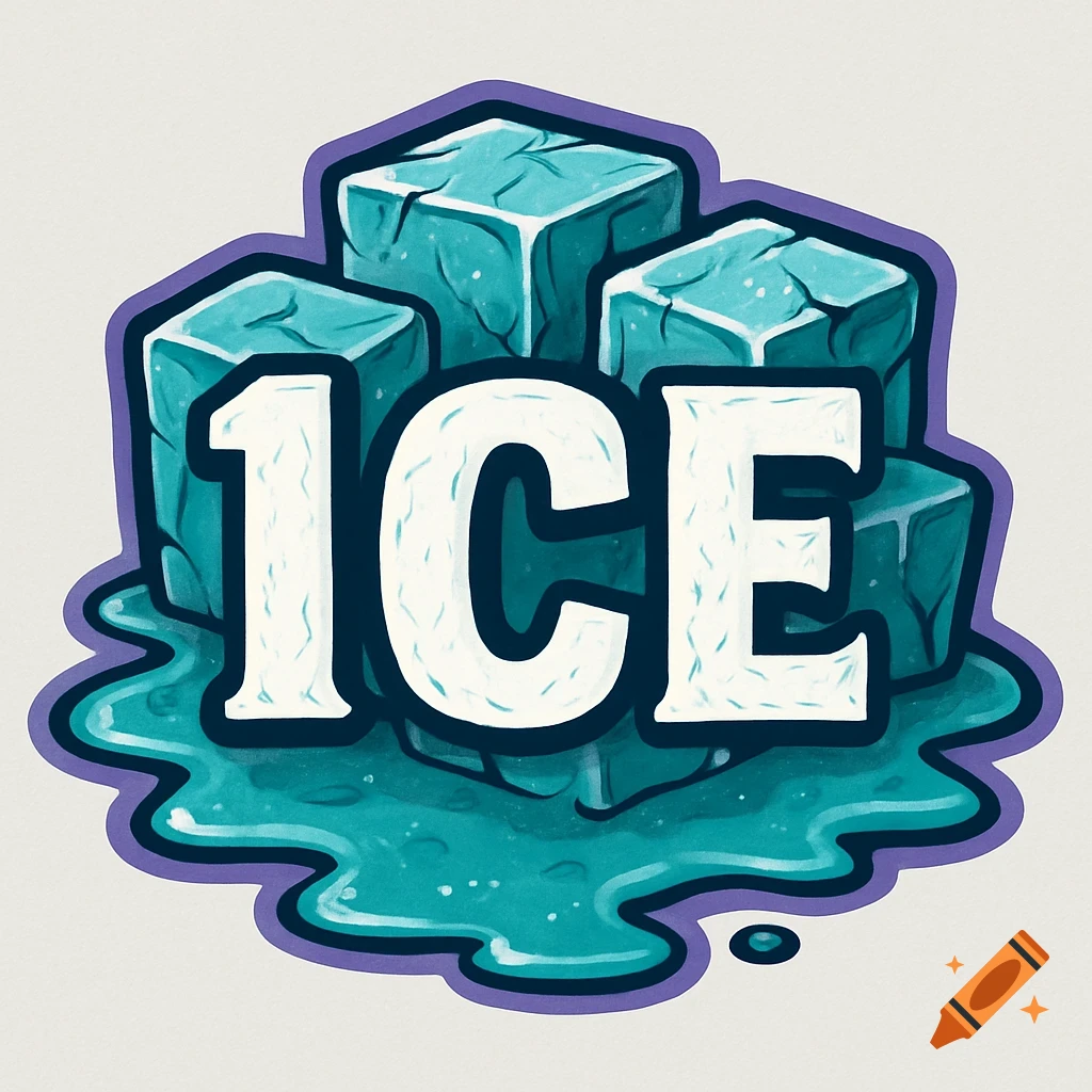 A logo reading '1CE' made of white text on a pile of melting teal ice ...