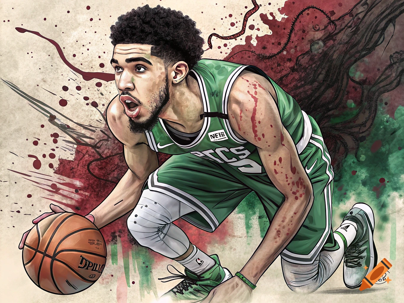 Illustration of basketball player Jayson Tatum dribbling the ball in a ...