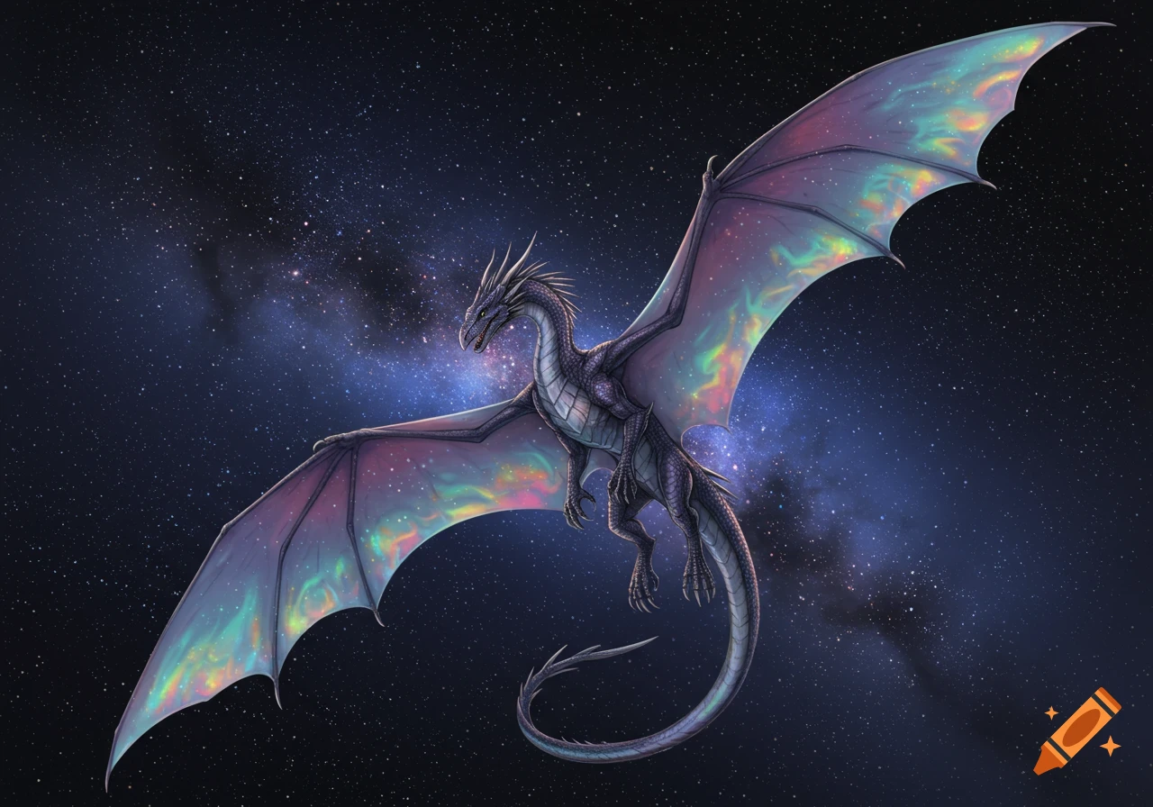 A prismatic dragon with colorful wings flies through a starry night sky ...