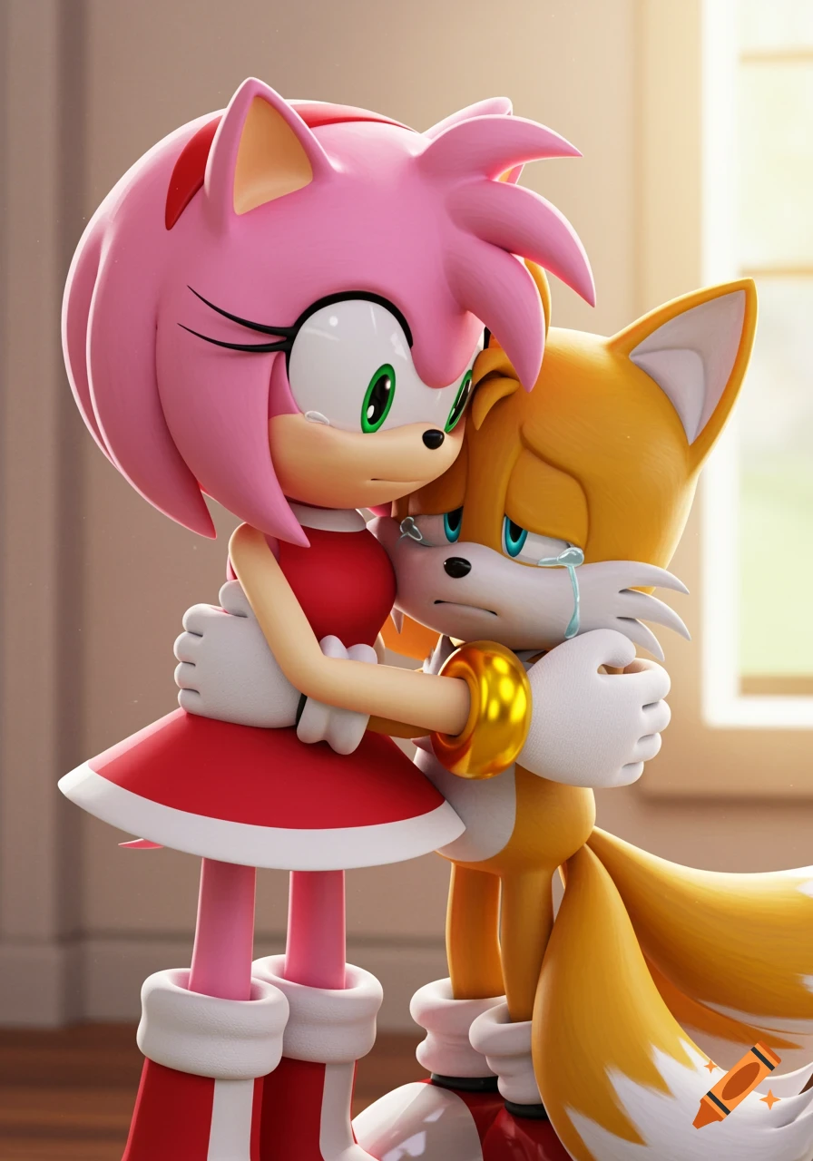 Amy Rose hugs a crying Tails the Fox in a 3D rendered scene. on Craiyon