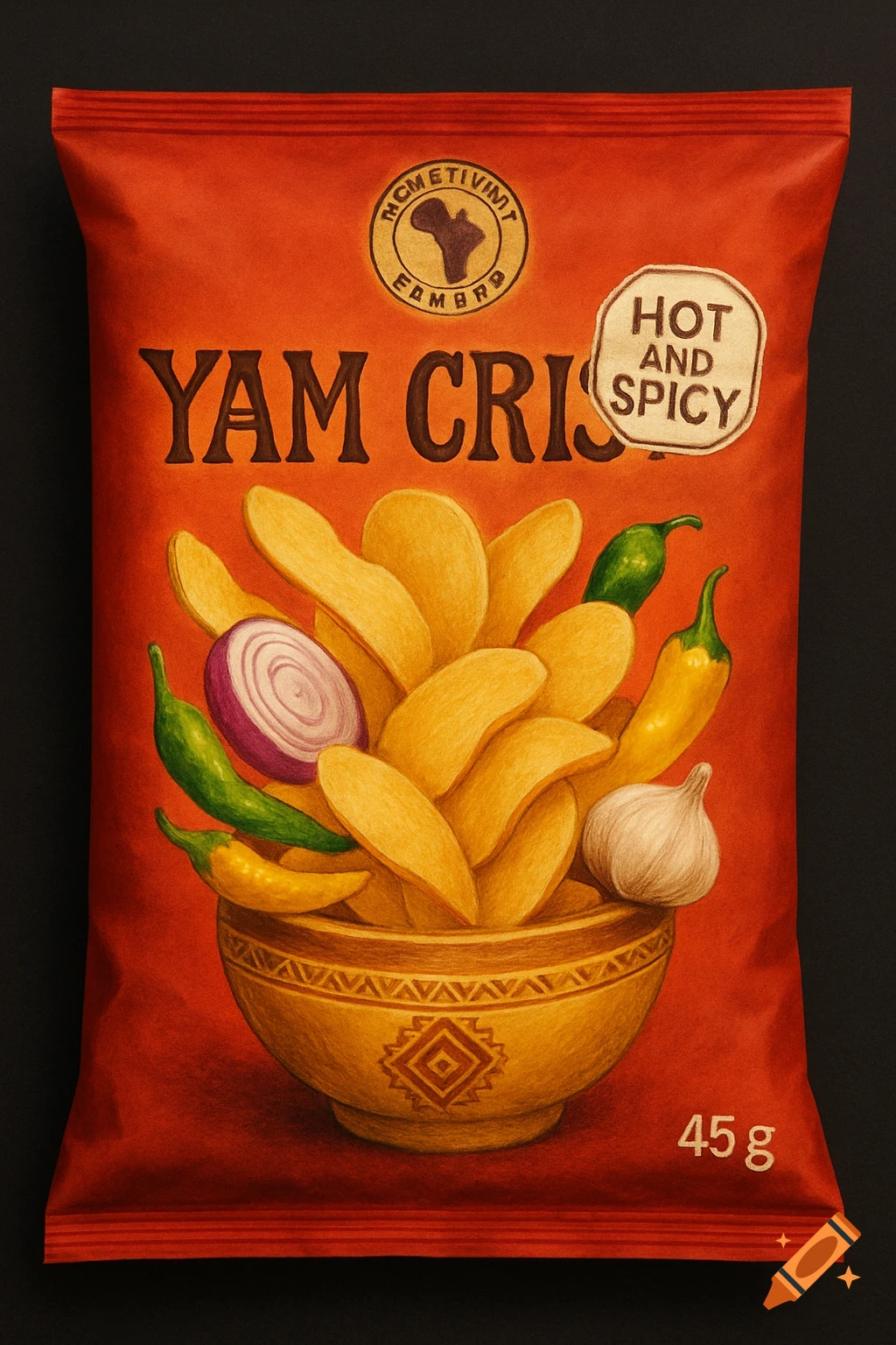 Illustration of a red bag of Yam Crisps, featuring a bowl overflowing ...