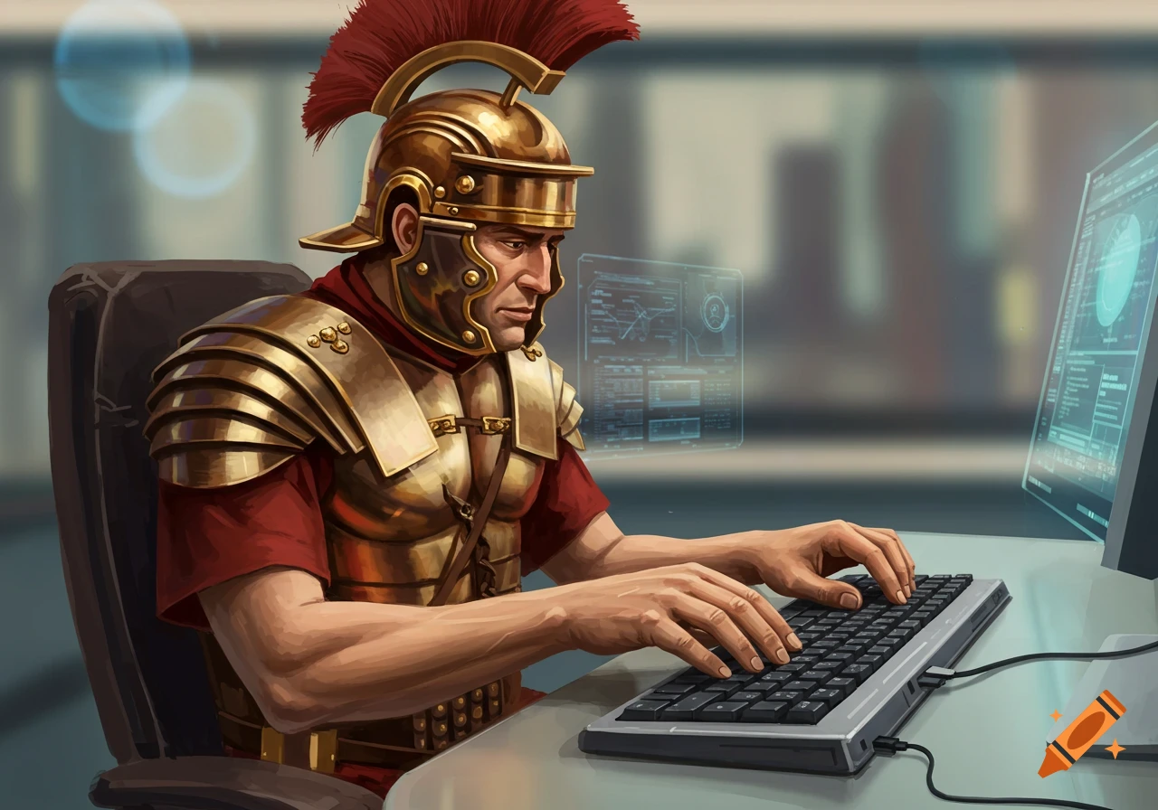 Illustration of a Roman soldier in full armor typing on a modern ...