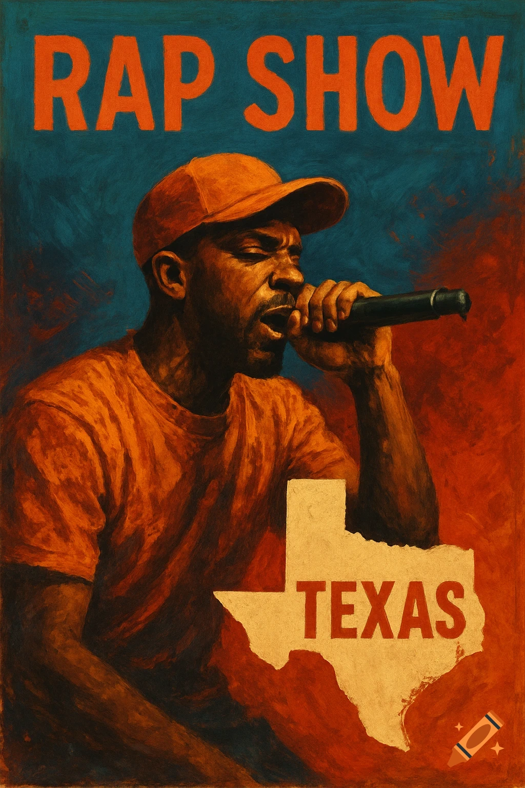 Painted style poster for a rap show in Texas, featuring a man singing ...
